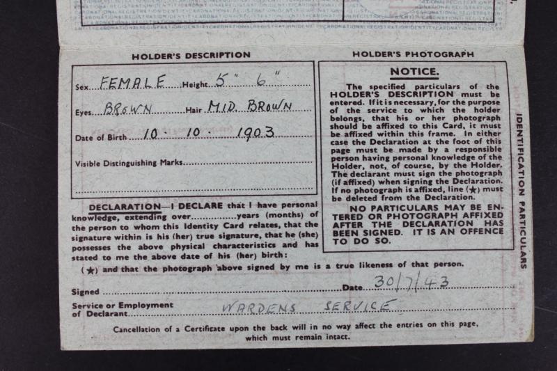 CS Militaria | WW2 Identity Card Member Of 'Wardens Service' Hucknall ...