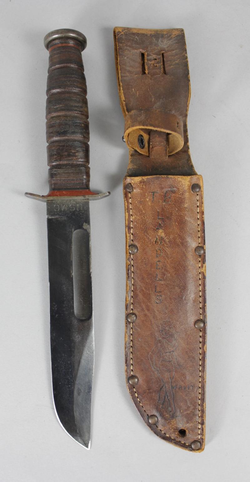 CS Militaria | Named WW2 USMC Ka-Bar Fighting Knife- Soldier Art Decorated