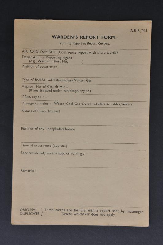 CS Militaria | WW2 British 'Wardens Report Form'