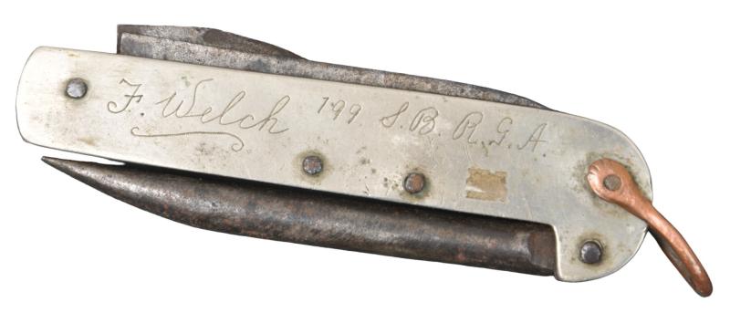 CS Militaria | WW1 Metal Jack Knife - R.G.A 199th Seige Battery Named
