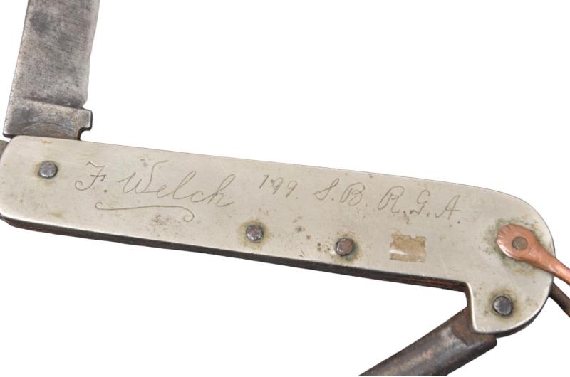 CS Militaria | WW1 Metal Jack Knife - R.G.A 199th Seige Battery Named